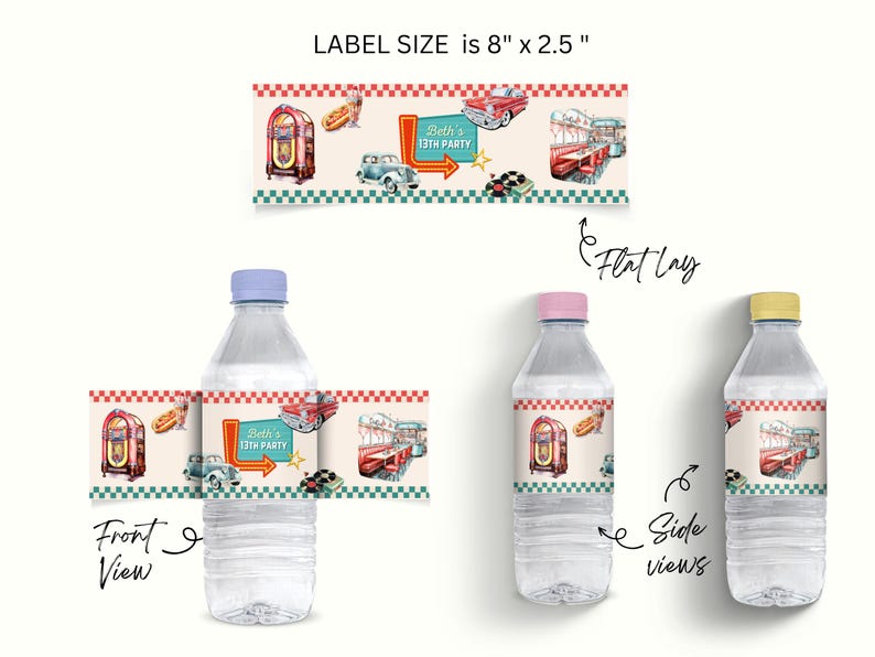 Retro Diner Water Bottle Label, 1950's Sock Hop American Diner Birthday ...