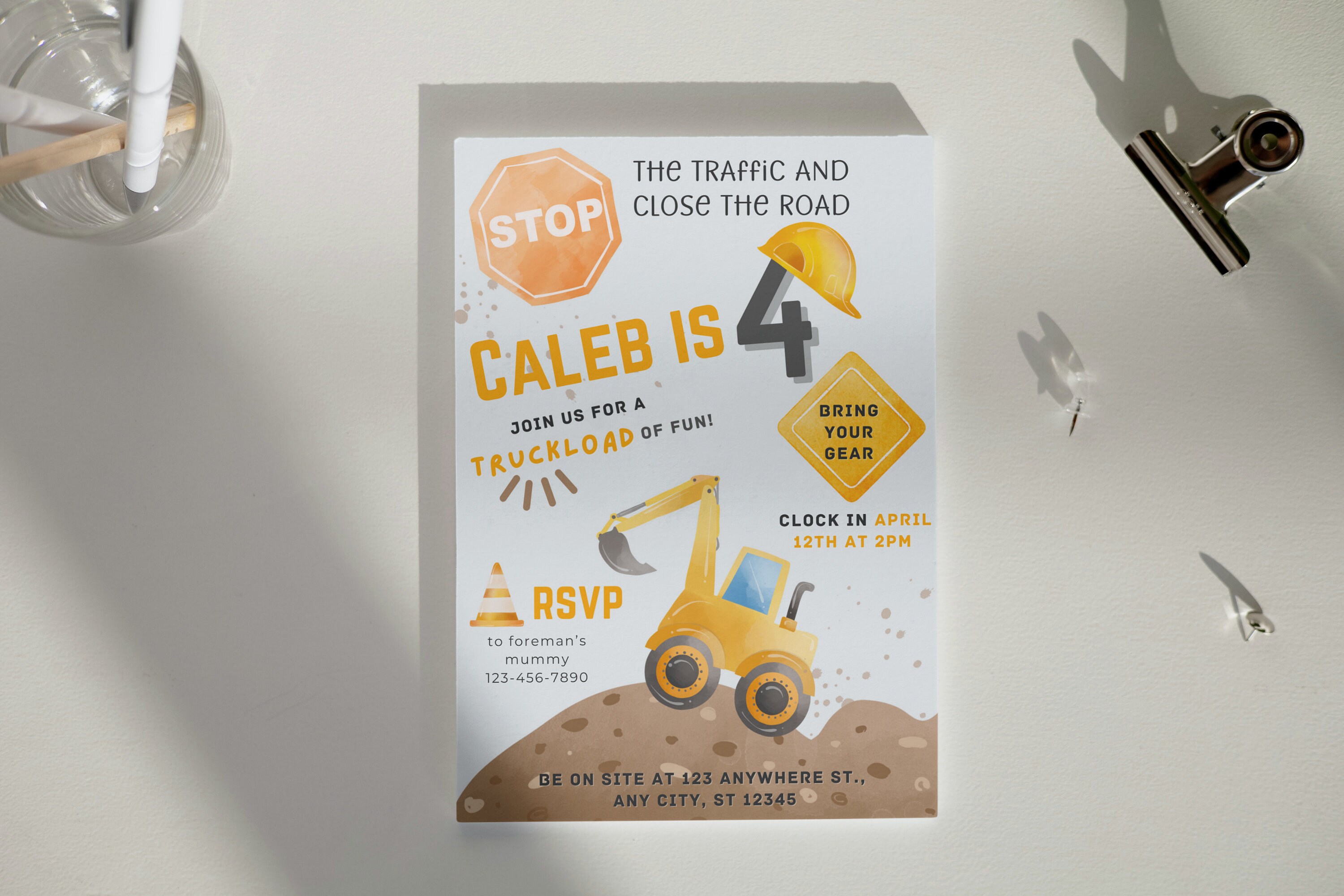 Editable Construction 4th Birthday Invitation Template, Yellow ...