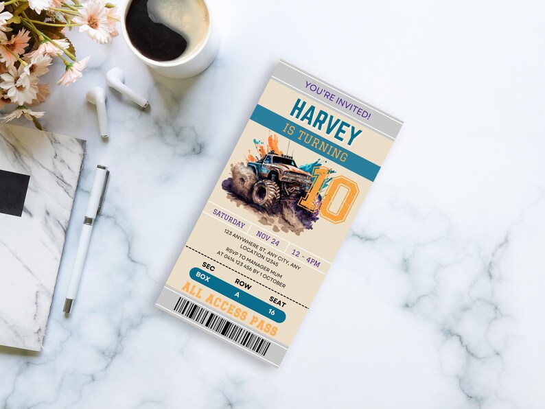 Monster Truck Invite, Monster Truck Rally Ticket Invitation, Monster ...