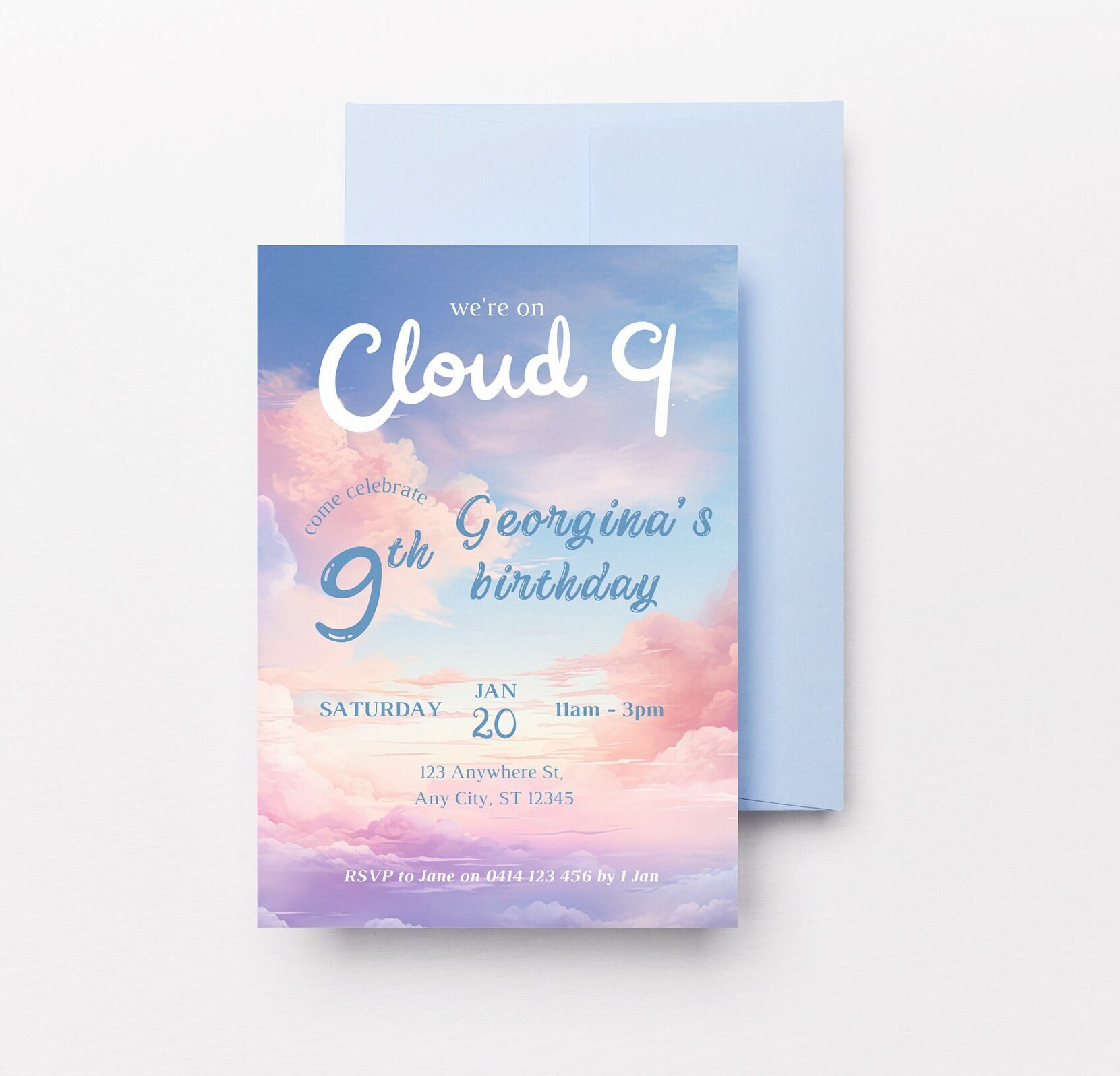 Cloud Nine Birthday Party Invitation, Cloud Party, 9th Birthday, Girl ...