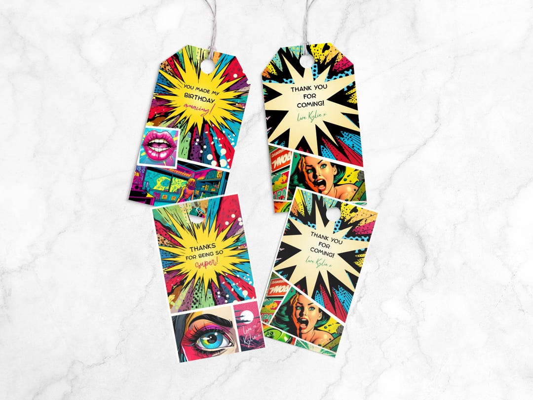 Girls Comic Themed Party Gift Tags, Comic Superhero Themed Birthday ...