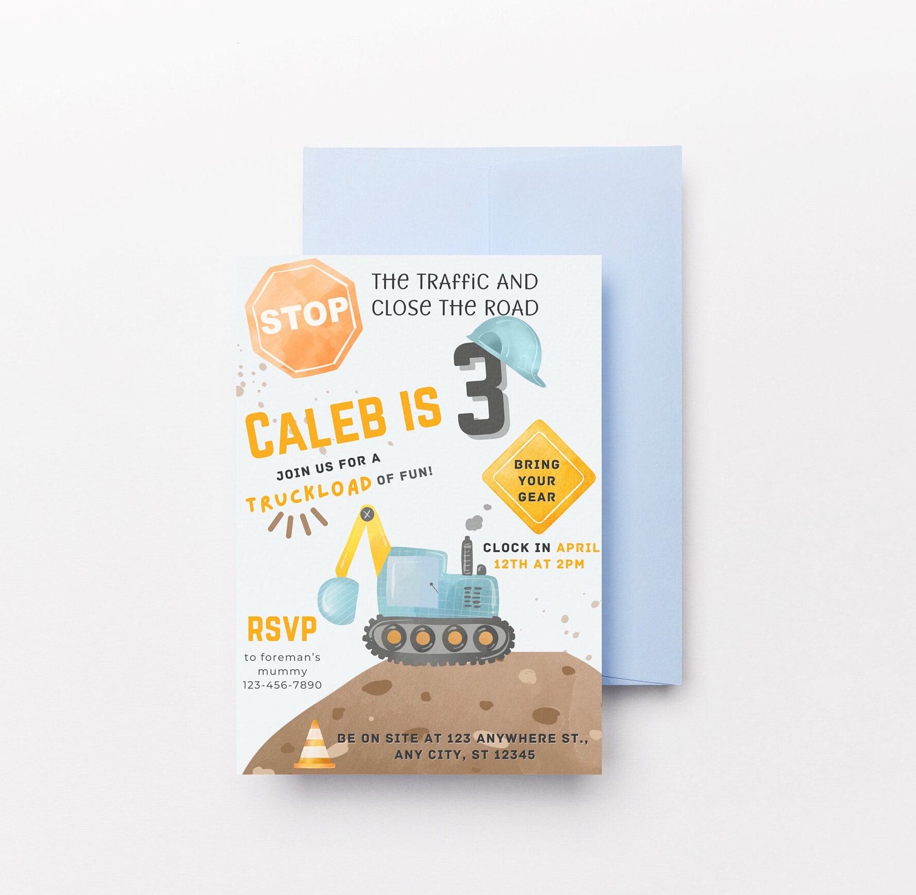 Editable Construction 3rd Birthday Invitation Template, Blue ...