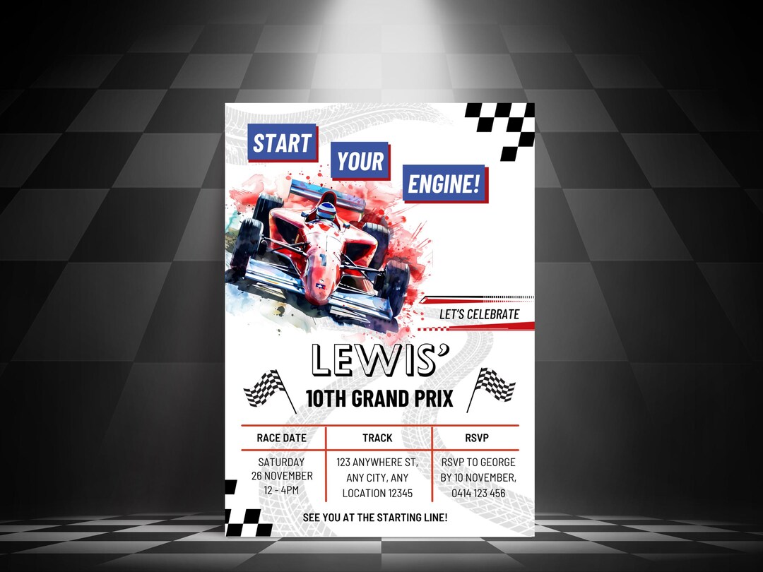 Formula 1 Birthday Invite, Formula One Birthday Invitation, Race Car ...