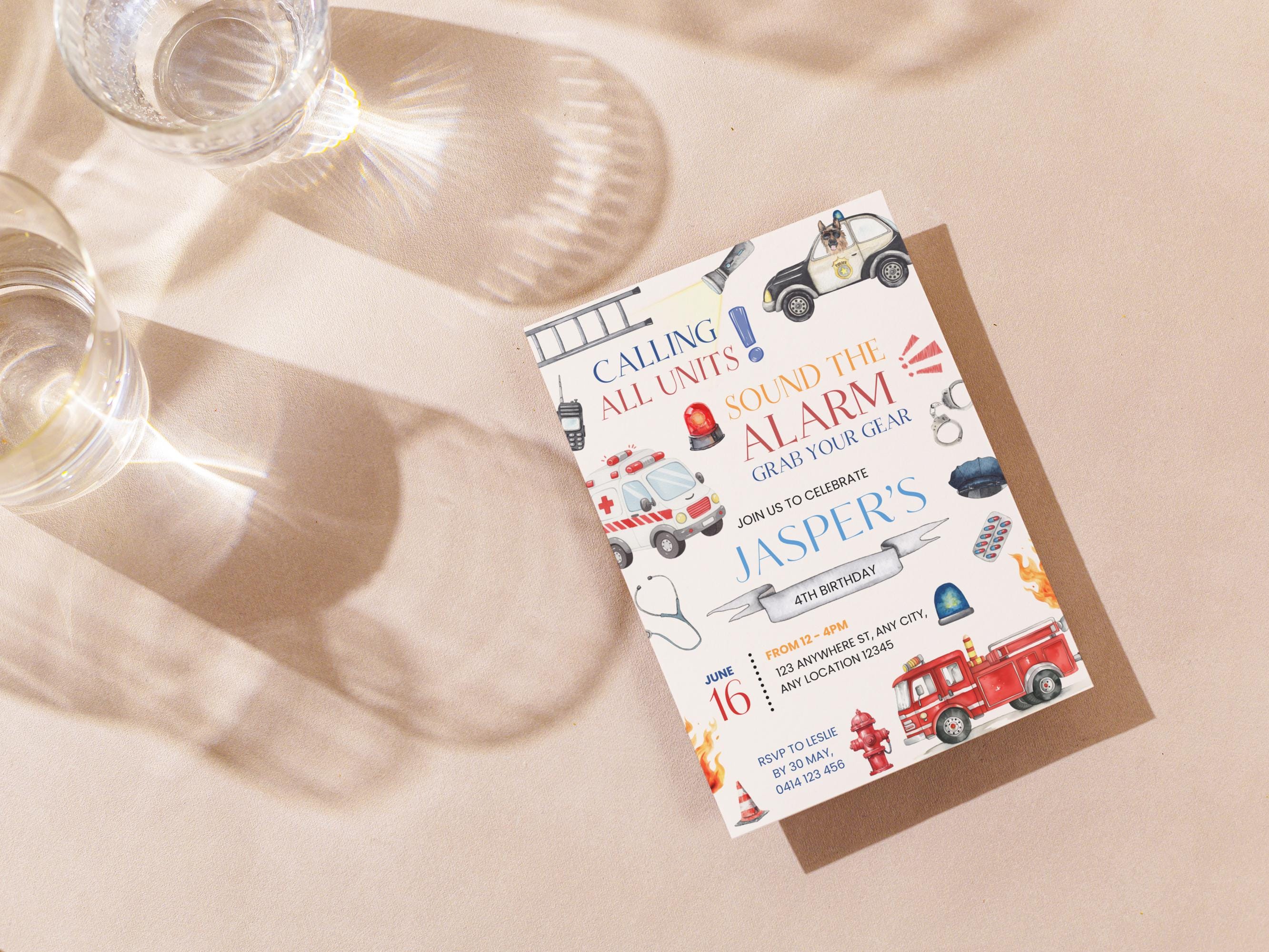 Emergency Vehicles Birthday Invitation Editable, First Responders Theme ...