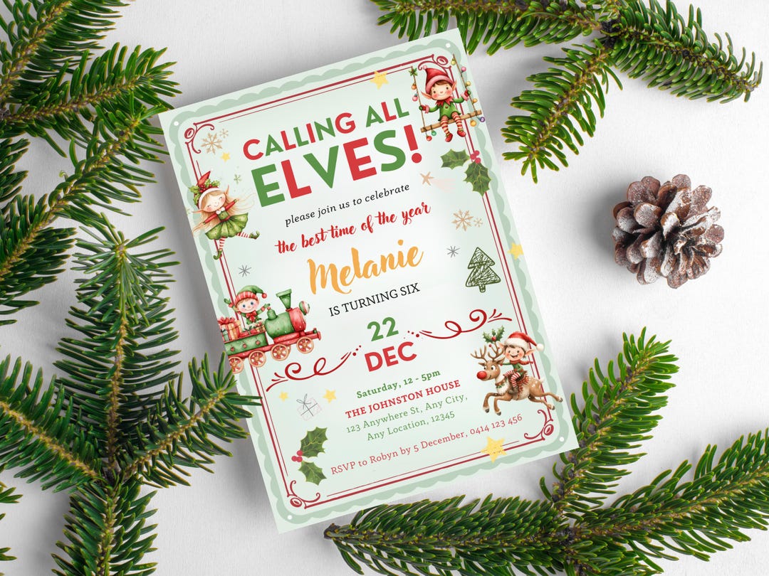 Elf Birthday Invitation, Boy Girl Elf Party Invitations, Holiday Party ...