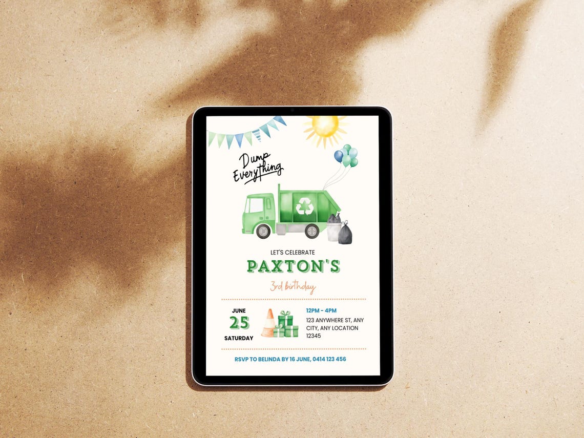 Trash Truck Party Invite, Dump Truck Invite, Dump Everything Invitation ...
