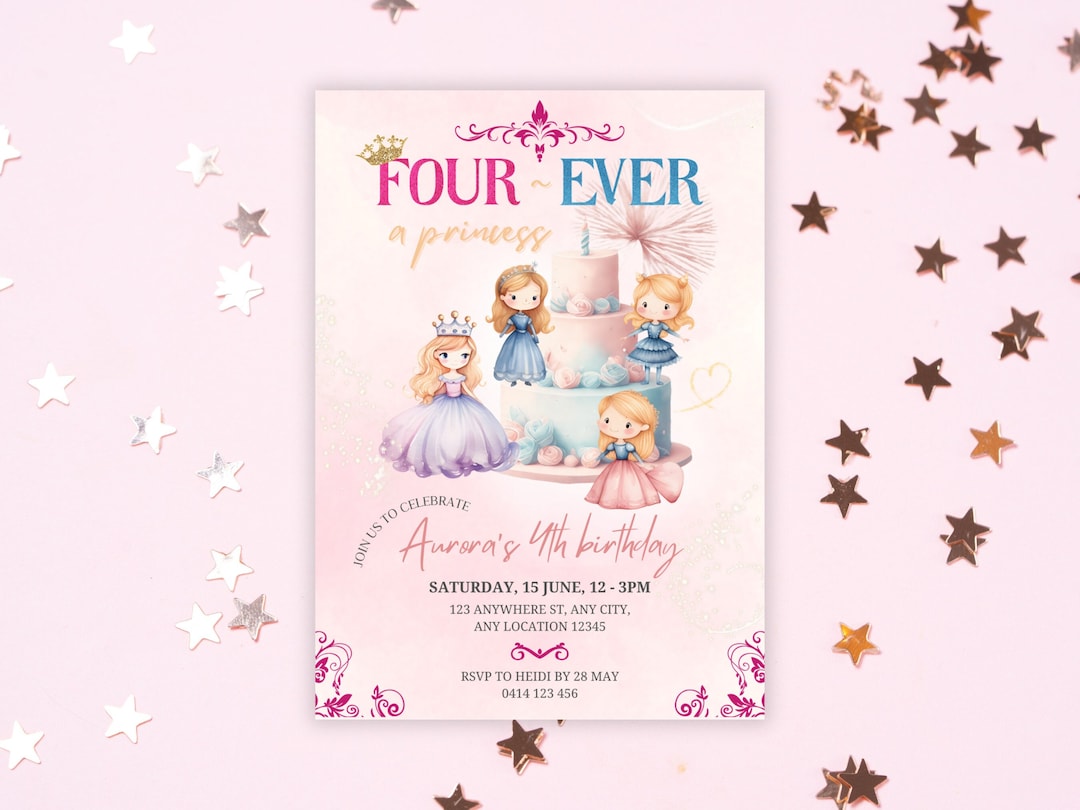 Four Ever a Princess Invitation, Princess Birthday Invitation, Magical ...