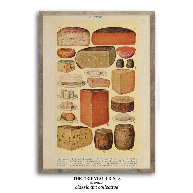 Vintage Cheese Chart Print Popular Cheese Printable Poster Kitchen ...
