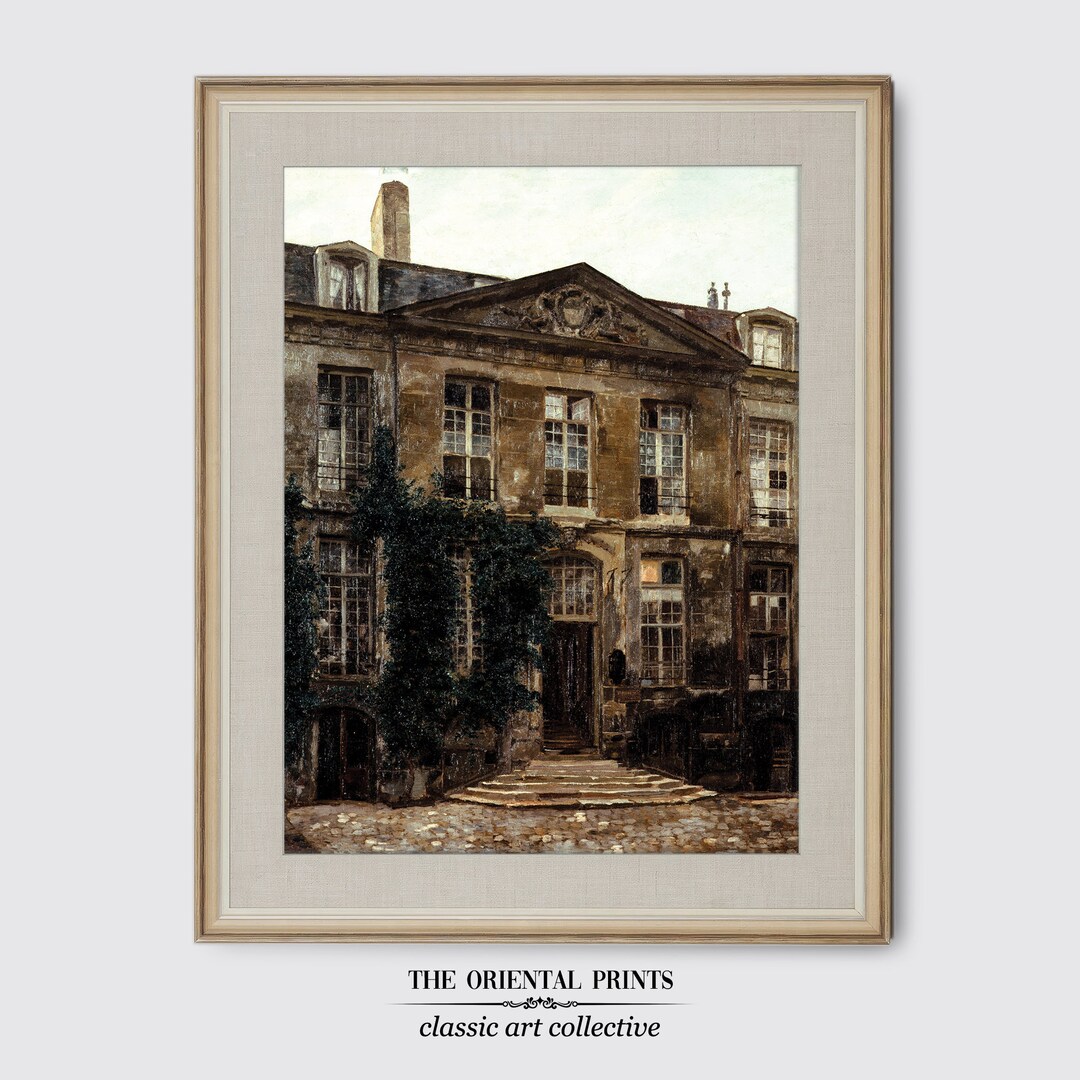 Old French Hotel Architecture Oil Painting Warm Brown Art Print Vintage ...