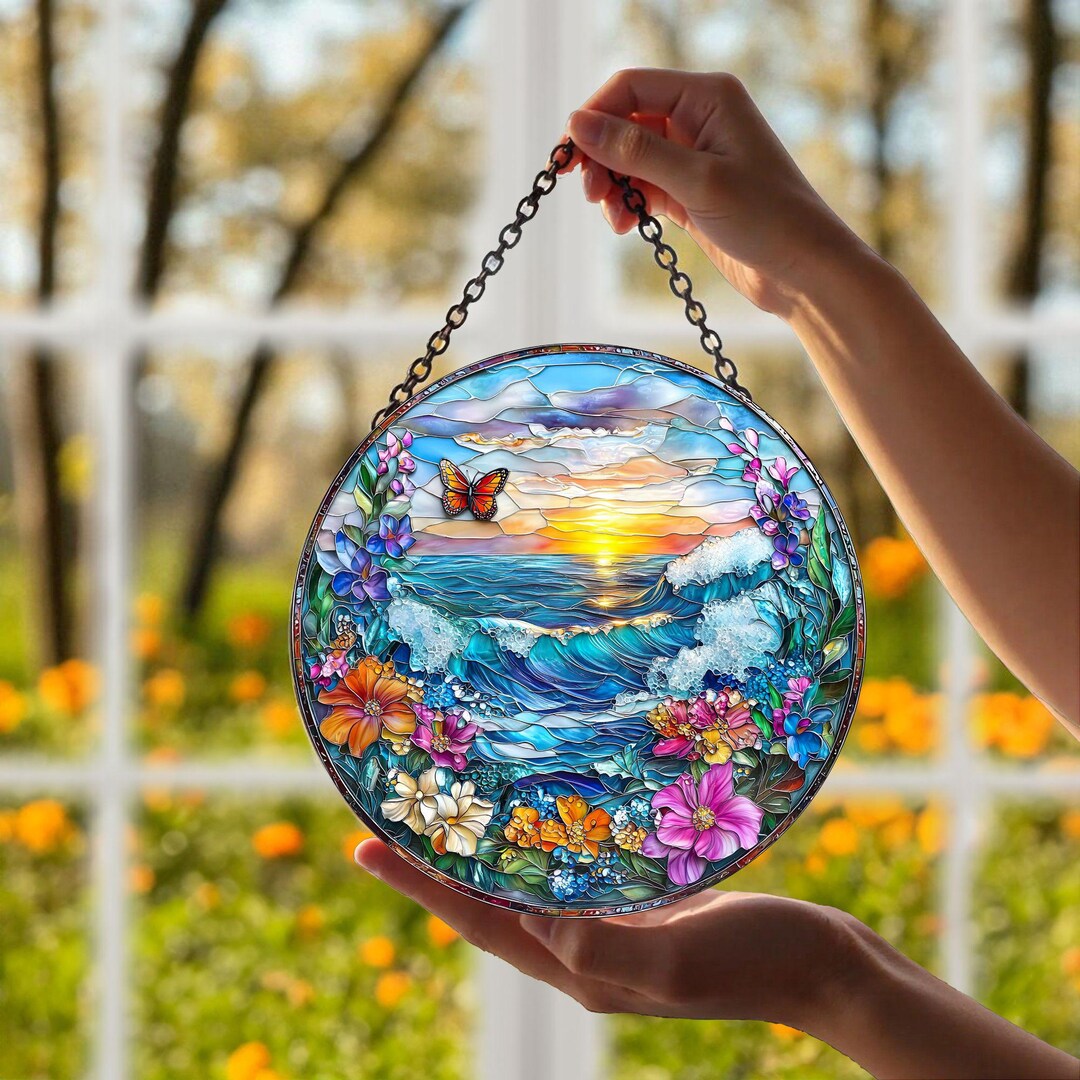 Sea Wave Stained Glass Suncatcher, Ocean Suncatcher Window Hanging ...