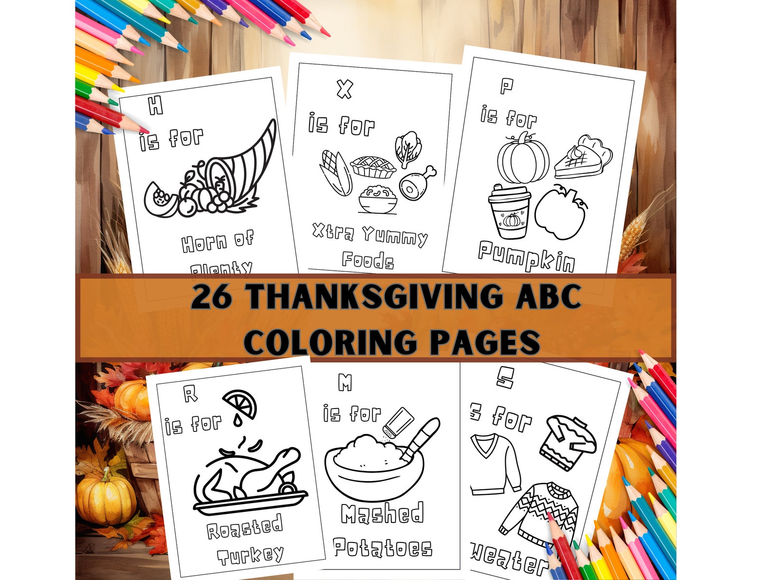 Thanksgiving ABC Coloring Pages: 26 Printable Activity Sheets (PDF) - Etsy