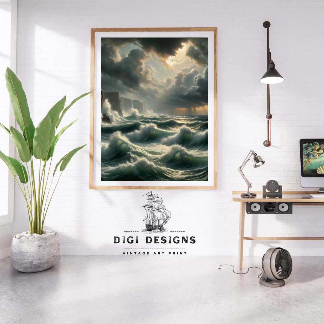 Printable Stormy Sea Cliffs Oil Painting, Dramatic Ocean Waves Art ...
