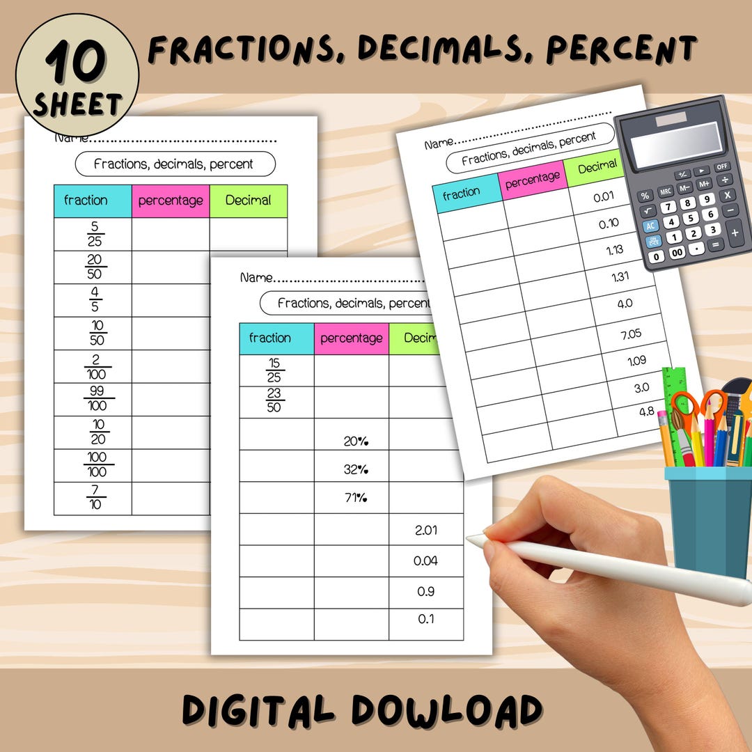 Worksheet Fractions Decimals Percentages Fraction Decimal Percent ...