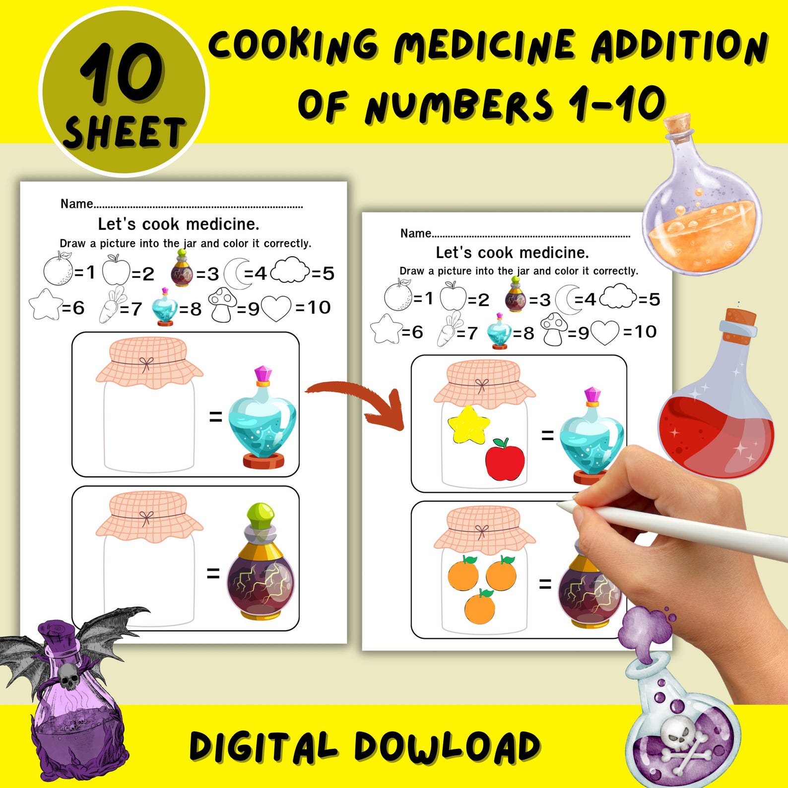 Worksheet Addition Picture Puzzle 1-10, Math Logic Puzzles Addition ...