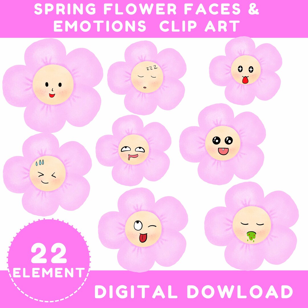 Spring Pink Flower Faces & Emotions Clip Art - Etsy
