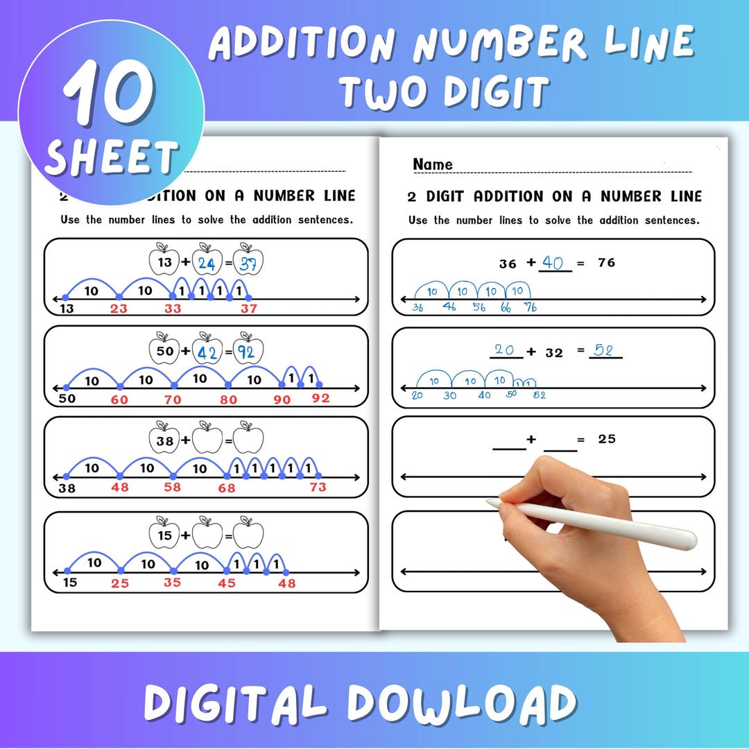 Addition on a Number Line 2 Digit Addition Within 100 Worksheet - Etsy