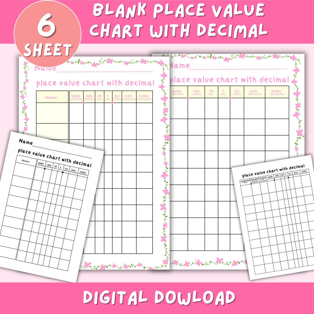 Blank Place Value Chart With Decimal - Millions to Thousandths ...