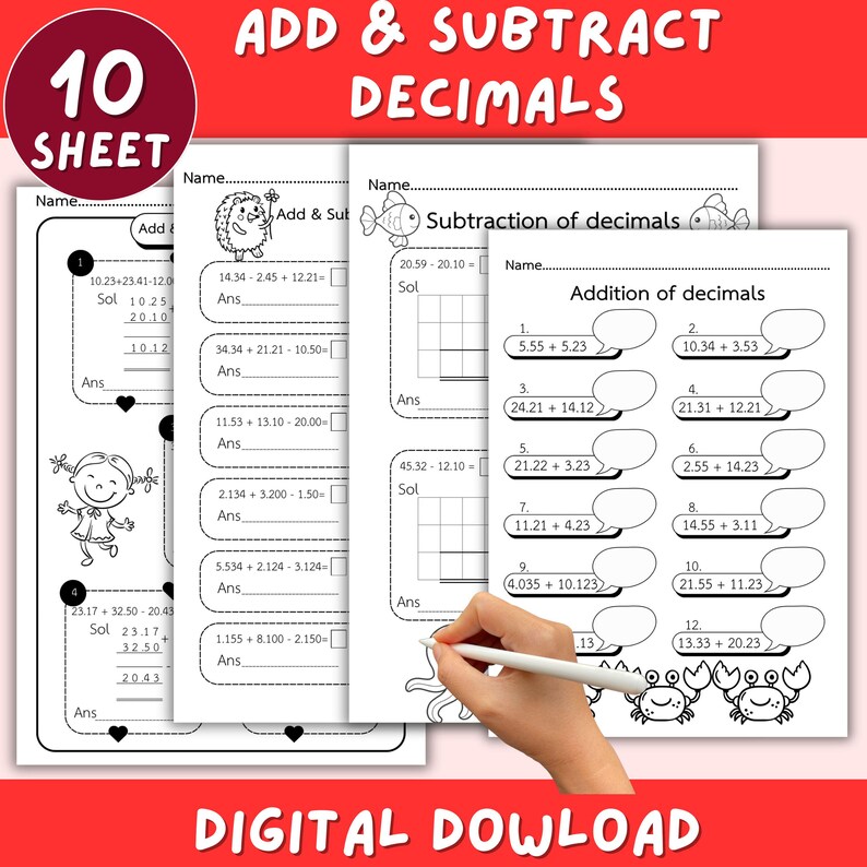Adding and Subtracting Decimals Worksheet - Etsy