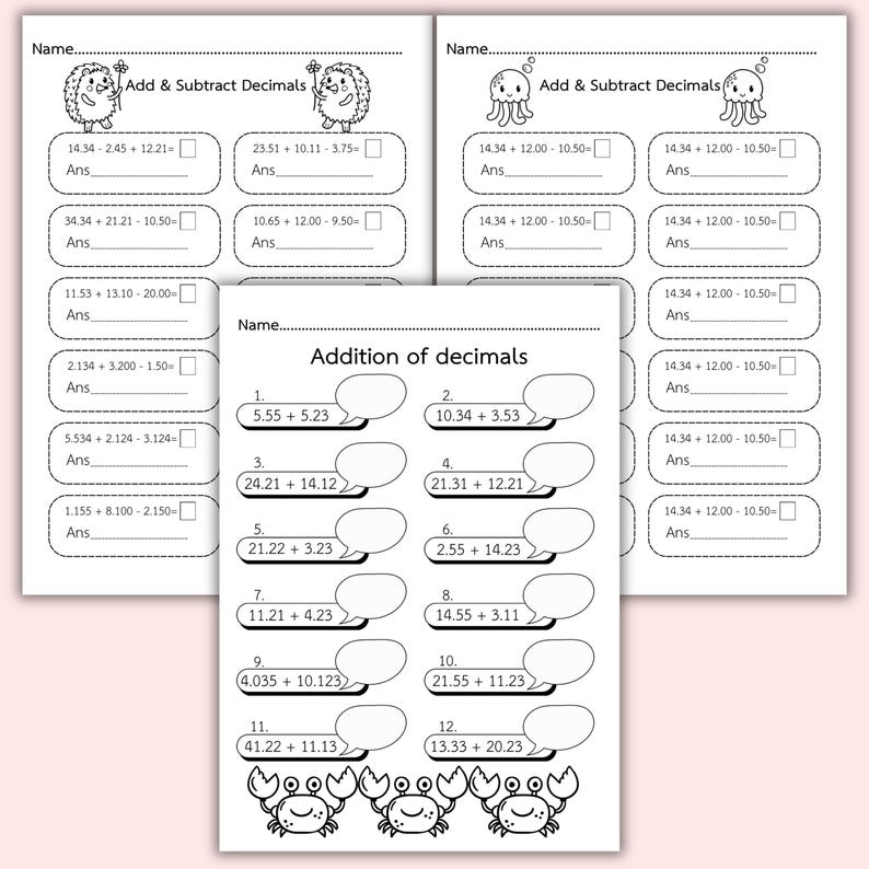 Adding and Subtracting Decimals Worksheet - Etsy