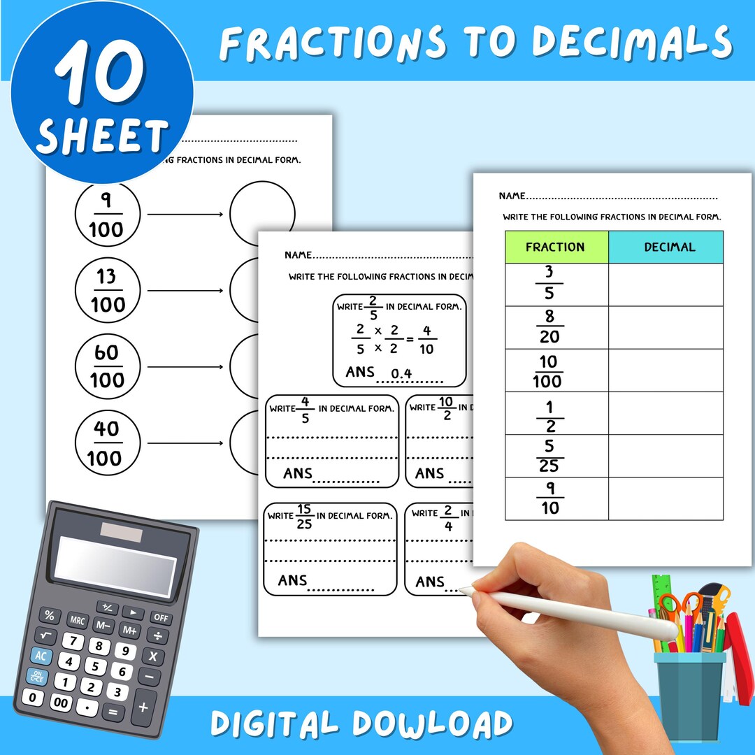 Write Fractions in Decimal Form Worksheet - Etsy