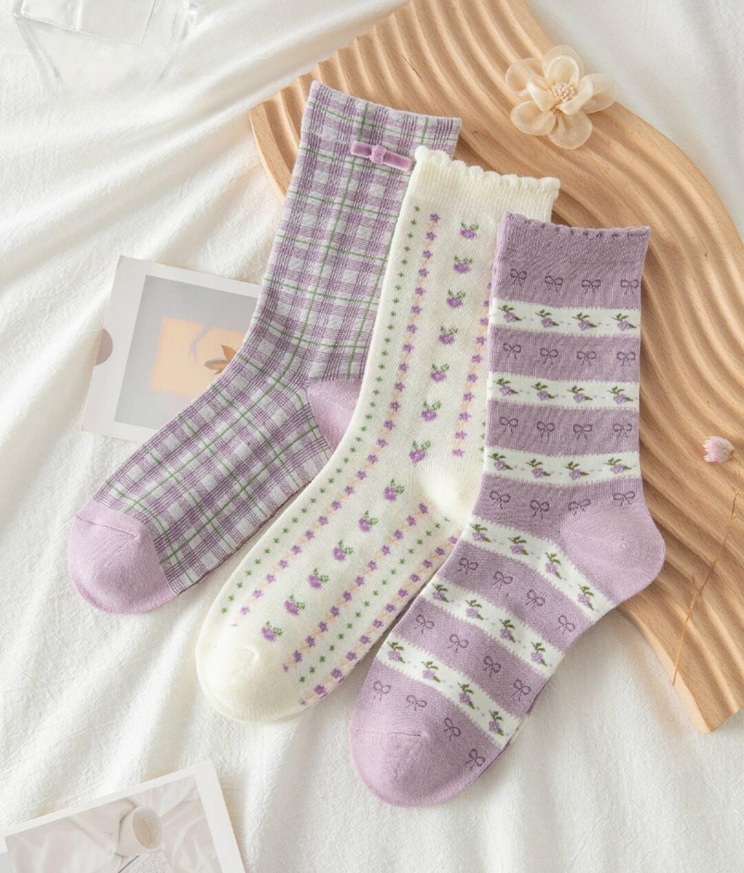 Lavender & White Floral Cotton Socks｜flower Socks｜cute｜patterned ...