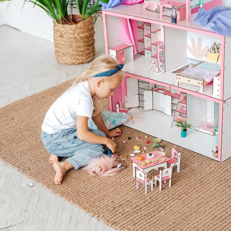 Pink Wooden Dollhouse With Furniture Wooden Dollhouse - Etsy