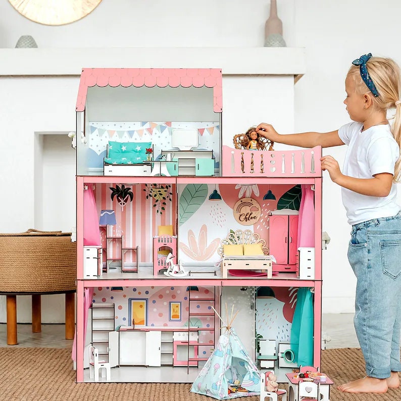 Pink Wooden Dollhouse With Furniture Wooden Dollhouse - Etsy
