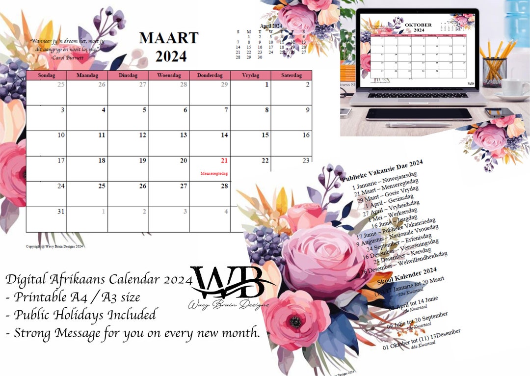 Printable Calendar 2024 Afrikaans Pienk Blom - Etsy