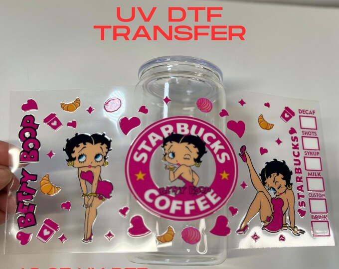 Starbucks Betty Boop, Uv Dtf Transfer, Glass Cup Wrap, Uv Dtf Wrap, Pink Betty Boop Wrap ...