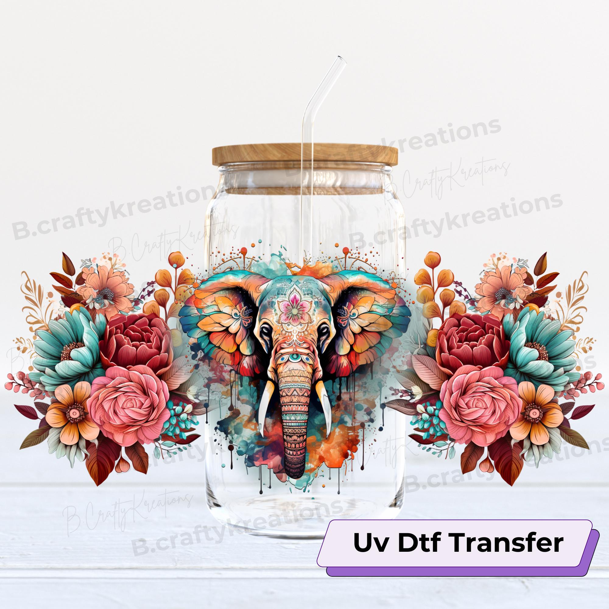 Uv Dtf Transfer, Elephant, Floral Decal, Elephant UV Transfer, Glass ...
