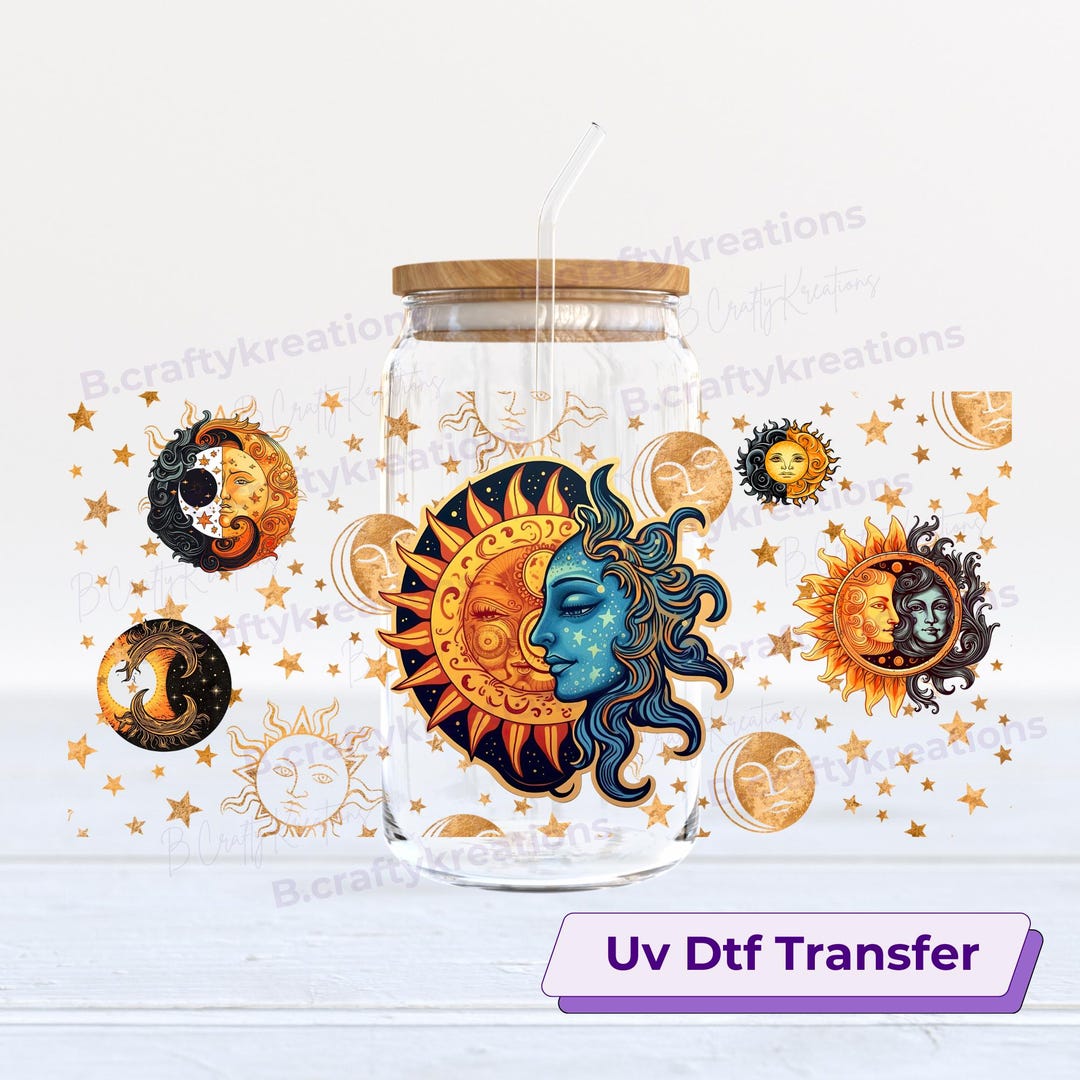 Sun & Moon Uv Dtf Transfer, Stars Uv Transfer, Glass Cup Wrap, Uv Dtf ...