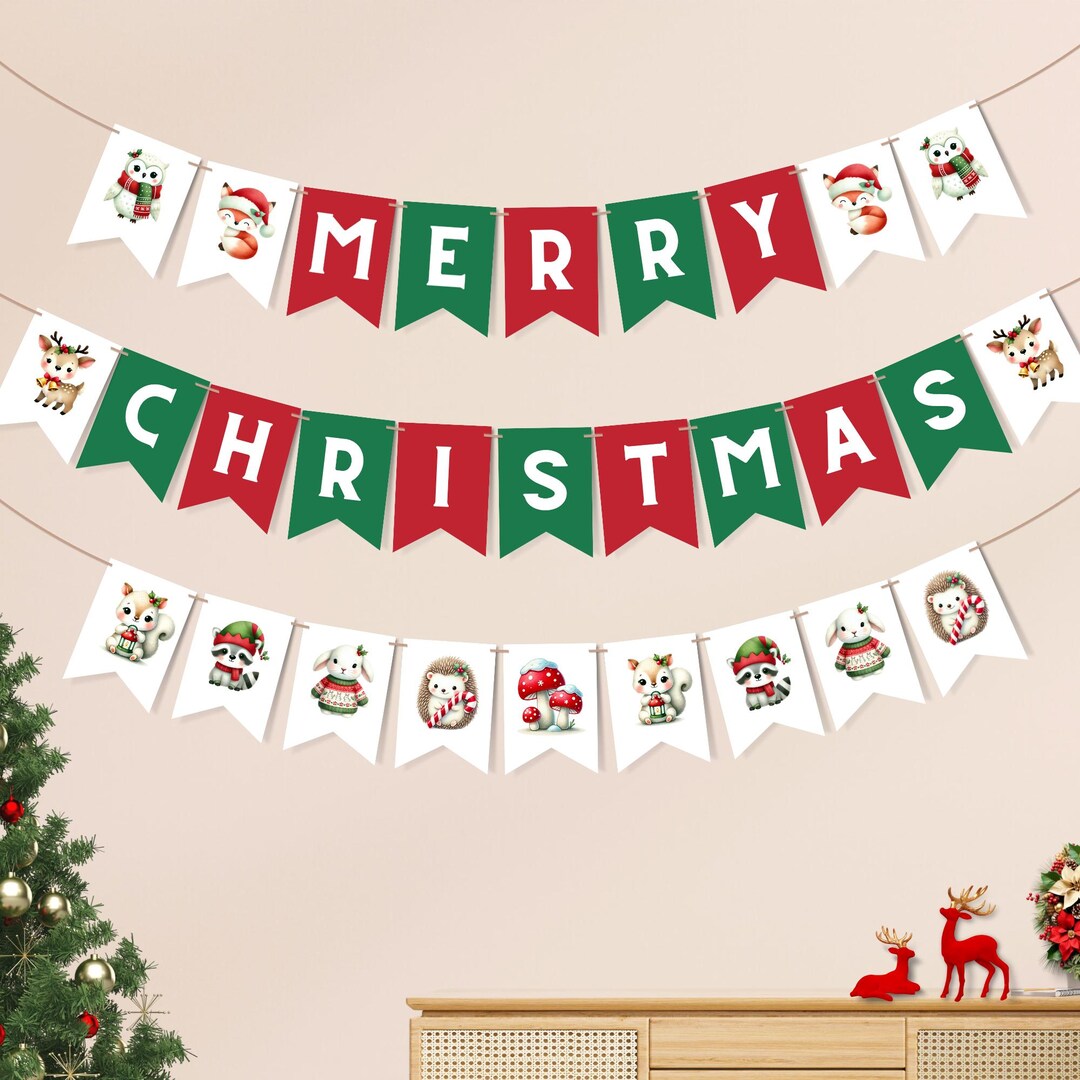 Printable Christmas Banner Digital Download, Woodland Animals Merry ...