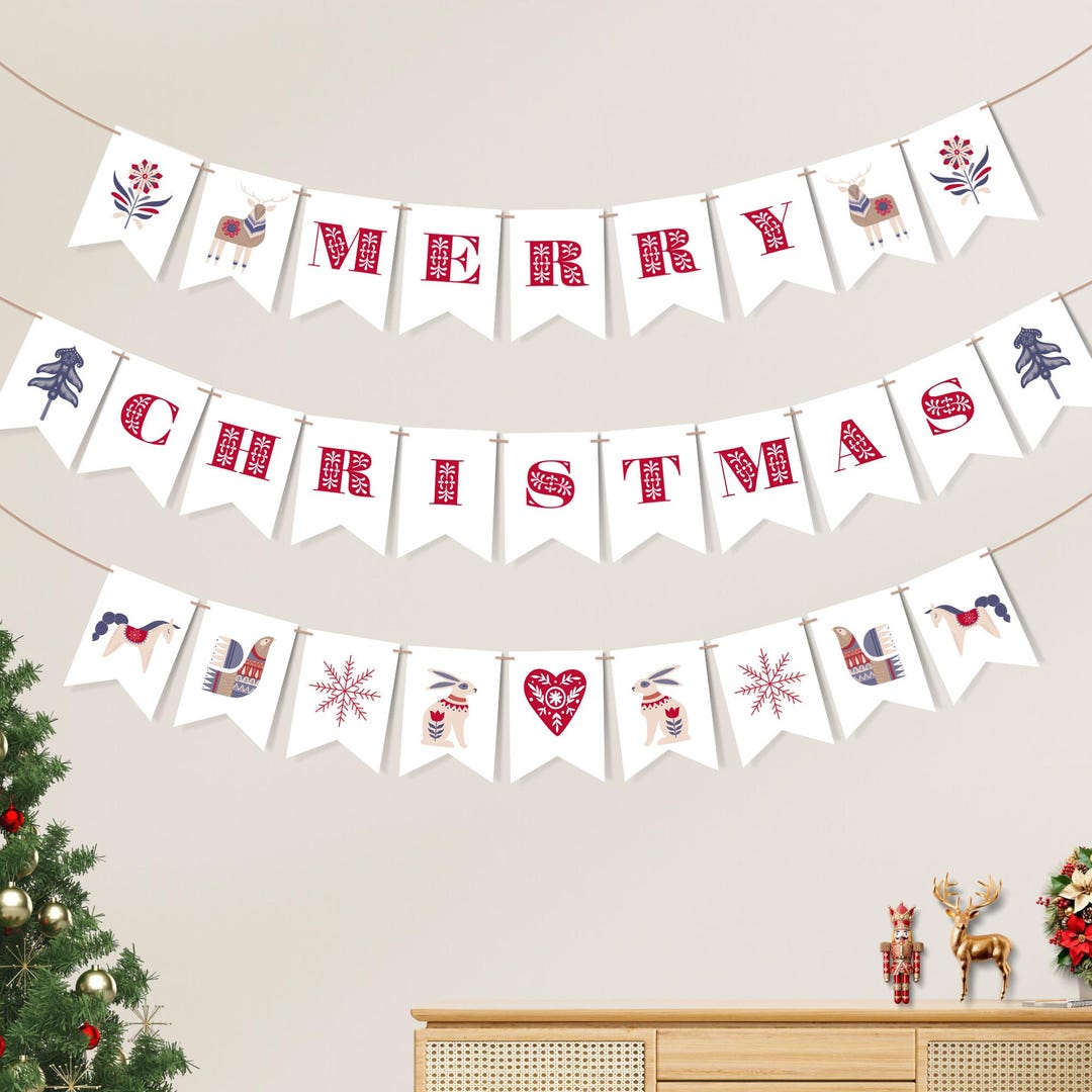 Printable Christmas Banner Digital Download PDF, Scandi Merry Christmas ...
