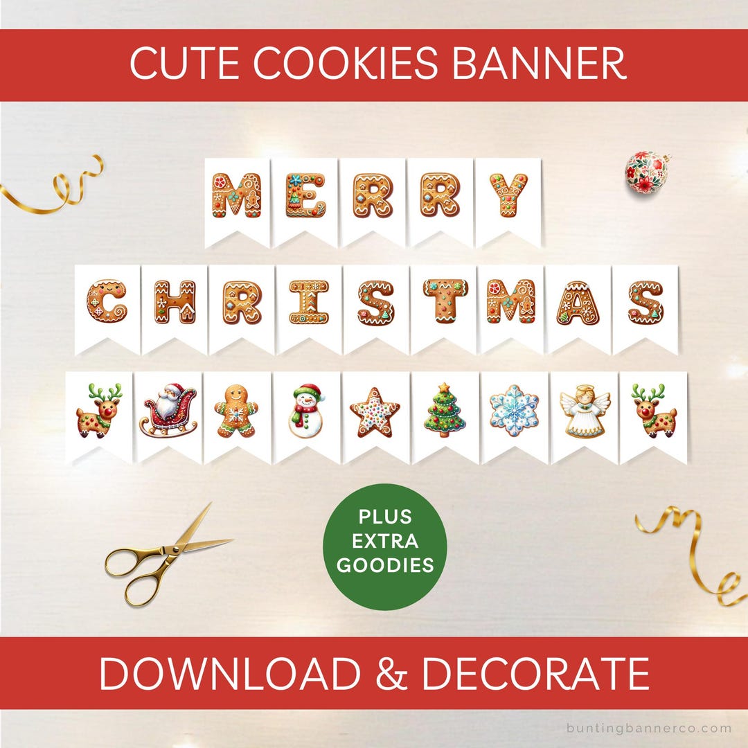 Cookie Merry Christmas Banner, Printable Holiday Bunting (PDF Download ...