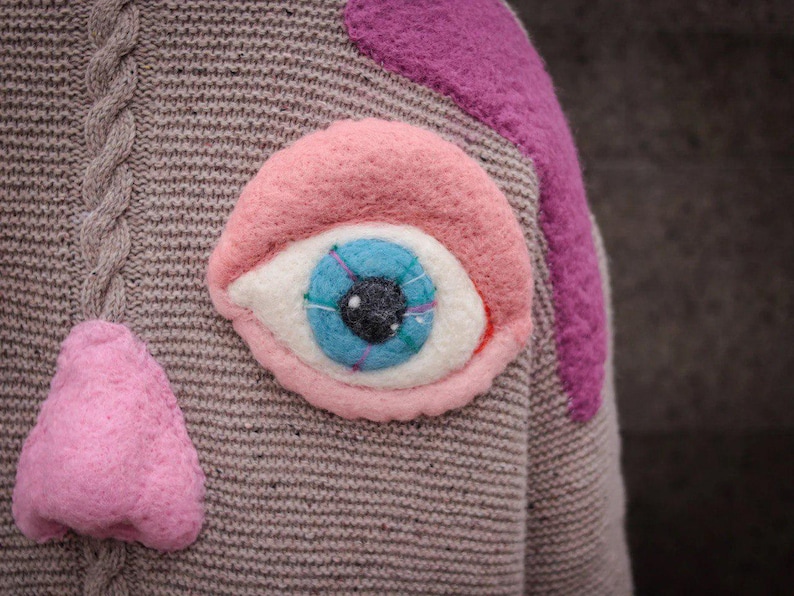 Cardigan Knit Face, Handmade OOAK Design, Unique Gray Clothes Eyes ...