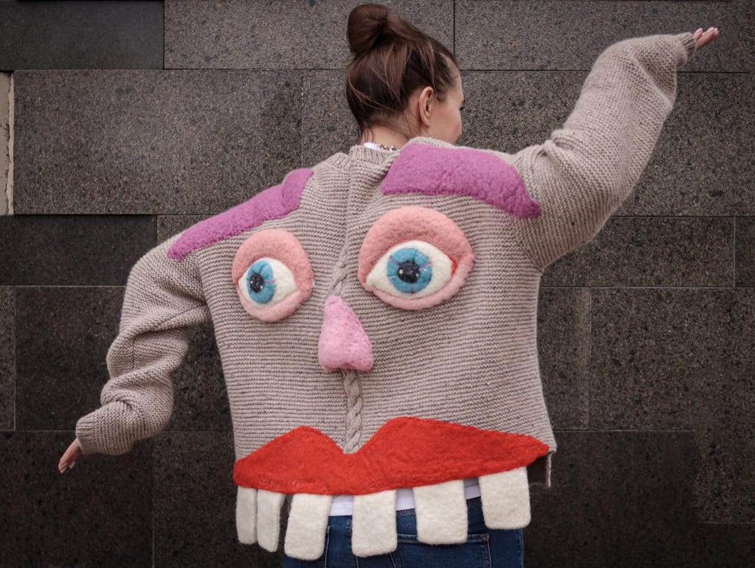 Cardigan Knit Face, Handmade OOAK Design, Unique Gray Clothes Eyes ...