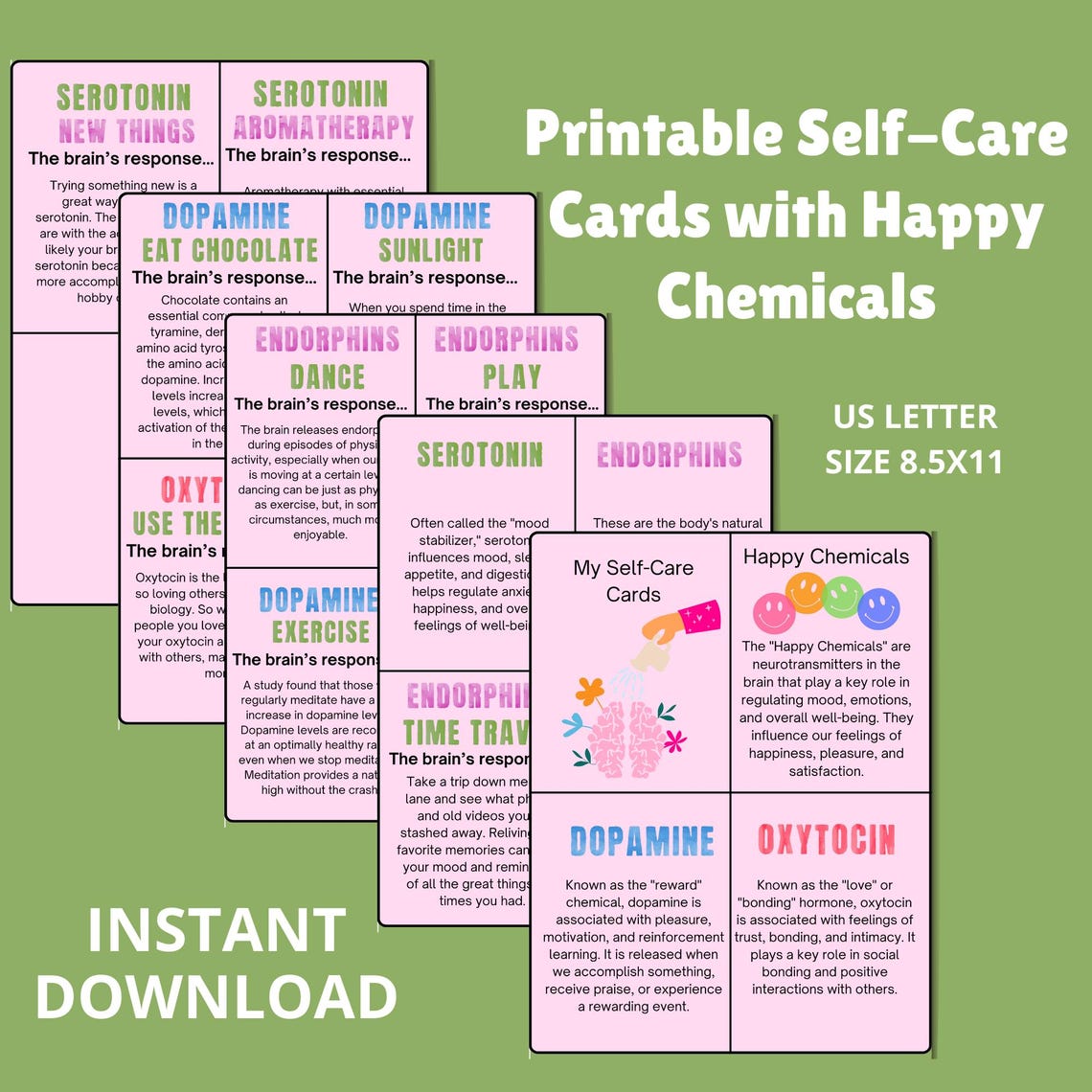 Self-care Flashcards With Happy Chemicals Descriptions | Mental Health ...