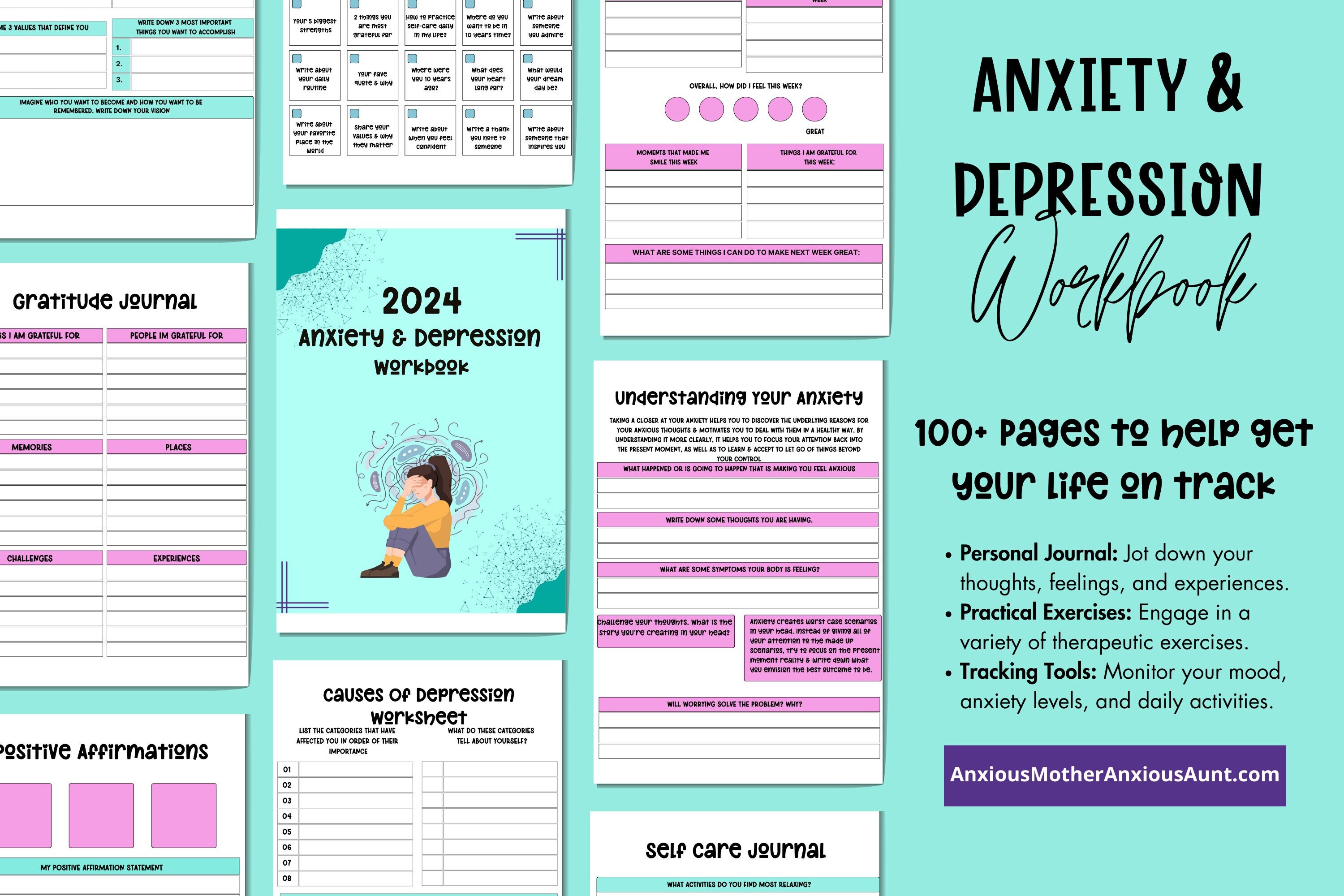 Anxiety and Depression Workbook BUNDLE 120 Page Digital Download Journal Printable for Mental ...