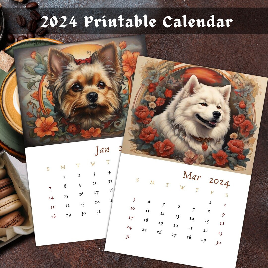 Old School Dogs Printable 2024 Calendar, Digital Monthly Calendar ...
