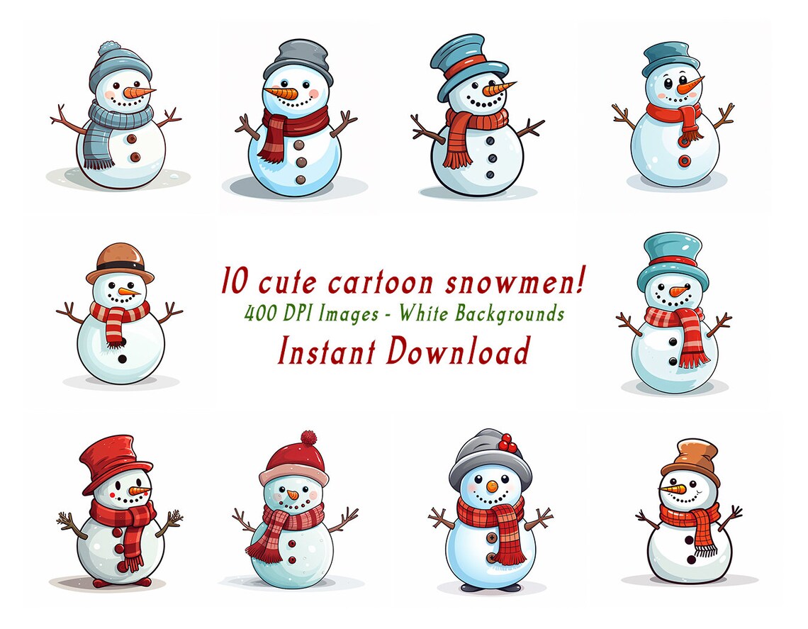 Cute Snowman Clipart Pack | 10 PNG Images | Christmas Clipart | Cartoon ...