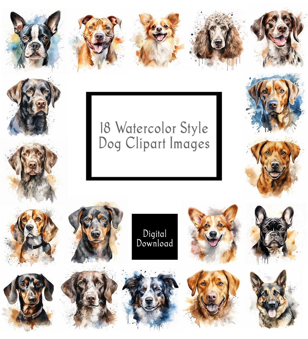 Watercolor Dog Clipart Bundle 18 Dogs, Pups, Breeds Like French Bulldog ...