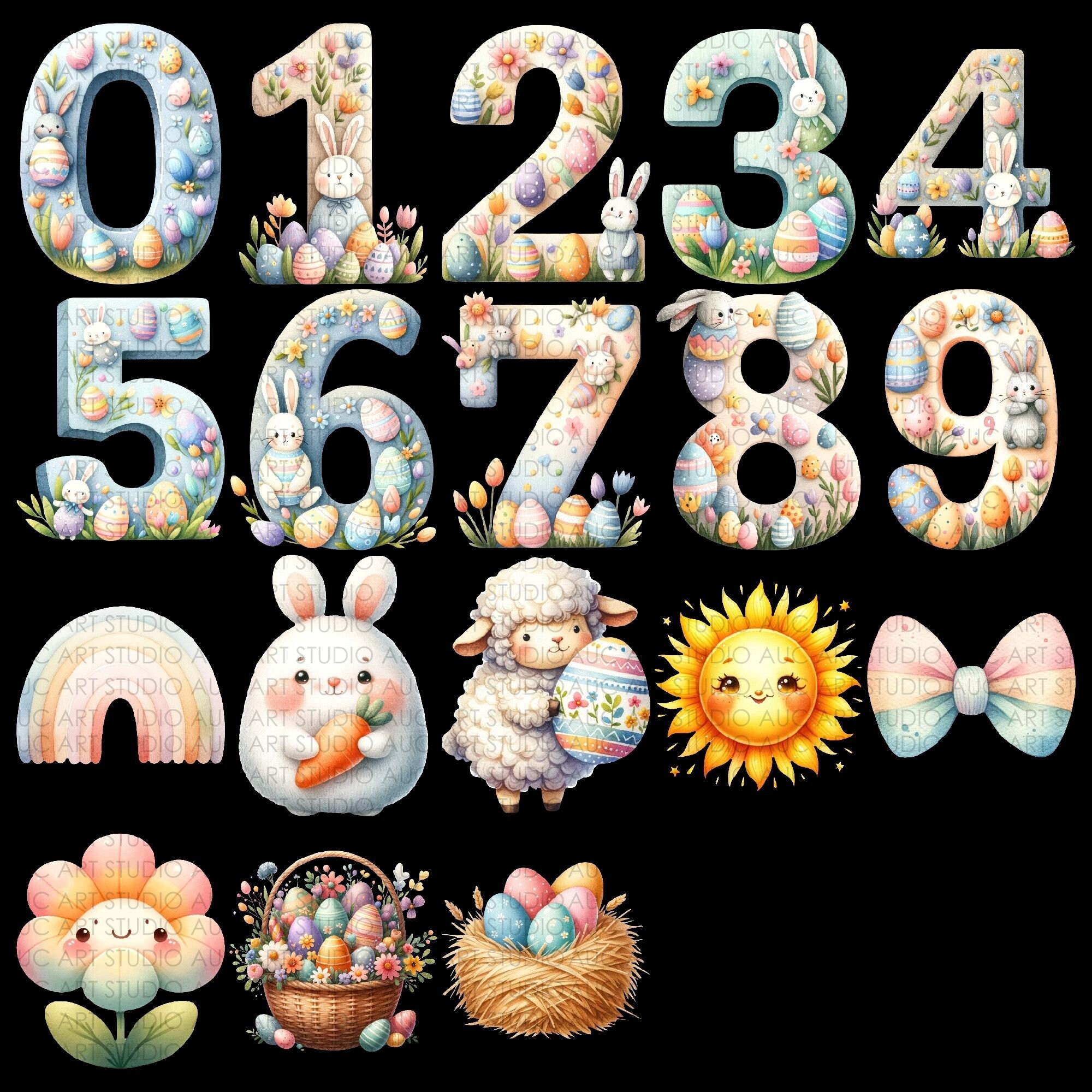 Watercolor Easter Alphabet , Numbers Clipart Set, Watercolor Bunny ...