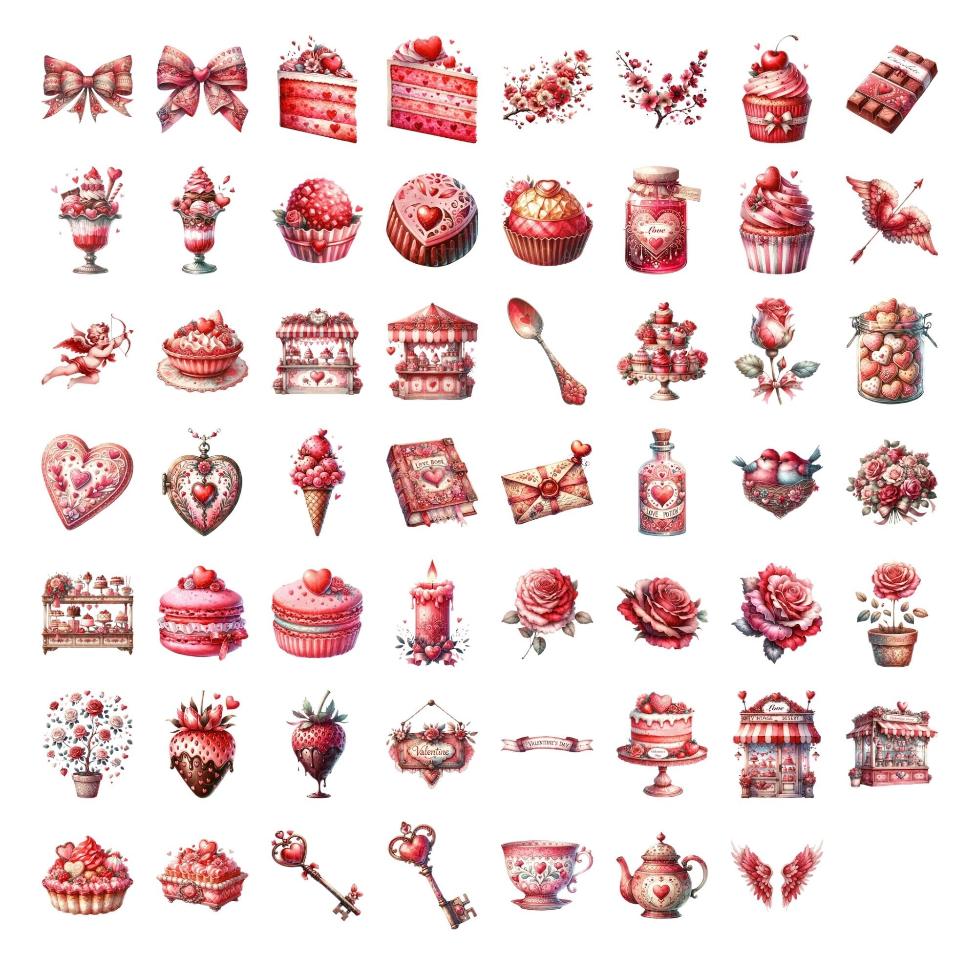 Watercolor Sweet Valentines Day Collection Clipart, 55 PNG Valentine ...
