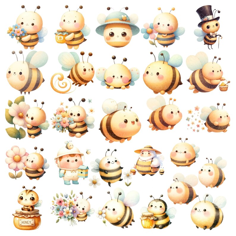 80 Sweet Honey Bee Clipart, Cute Bee Clipart, Watercolor Bee Clipart ...