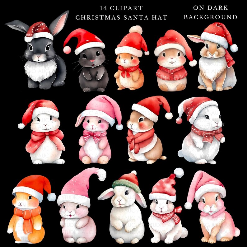 Christmas Bunny Rabbit Cute PNG Clipart Xmas Winter Watercolor Santa ...