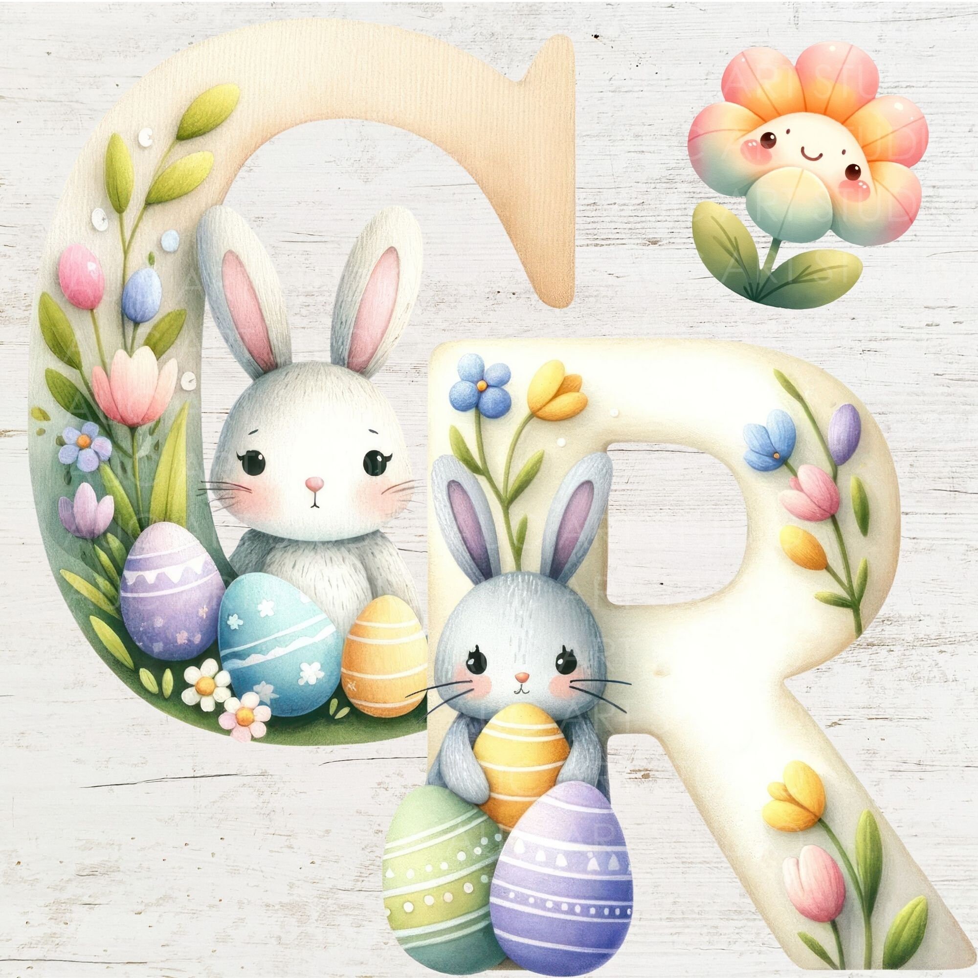 Watercolor Easter Alphabet , Numbers Clipart Set, Watercolor Bunny ...