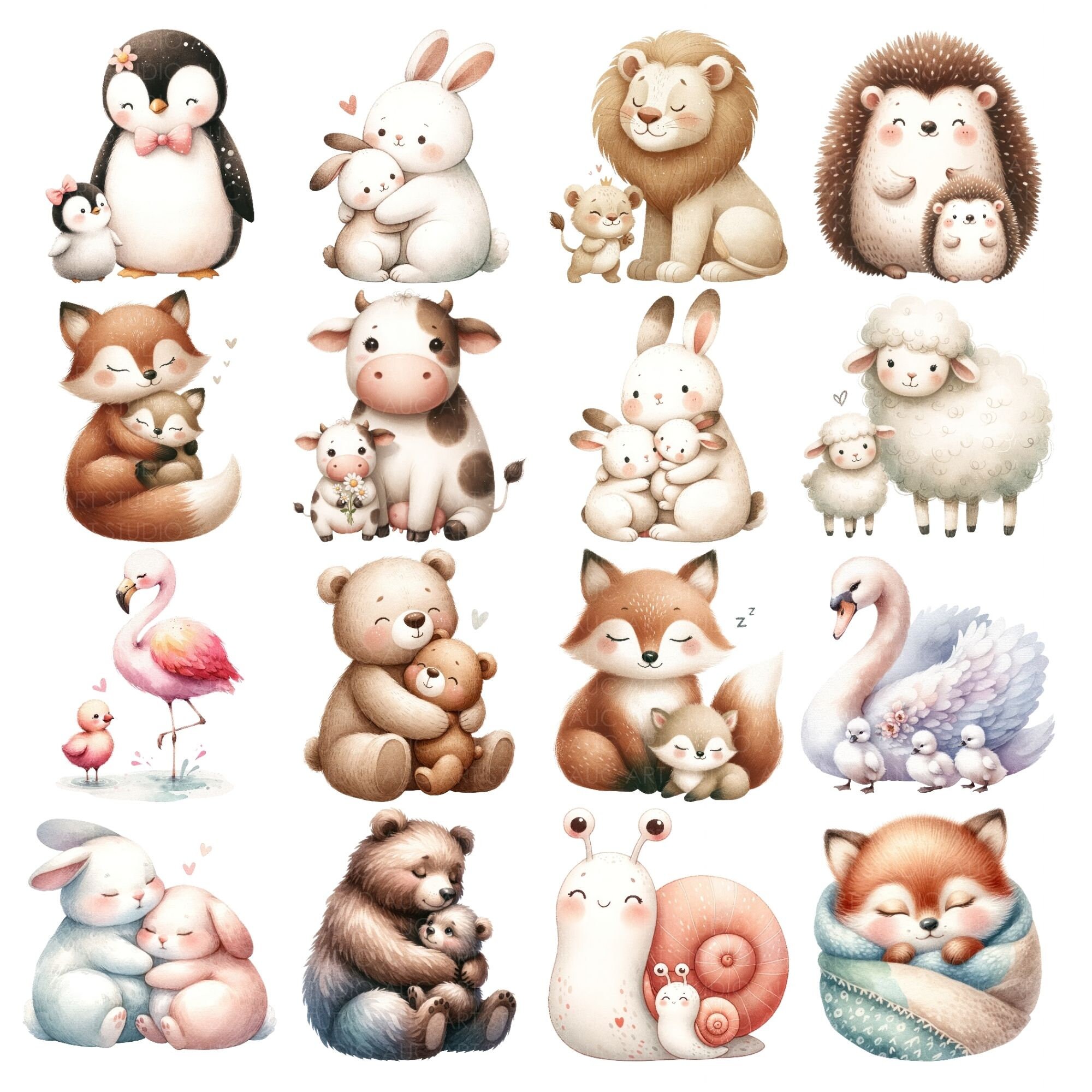 Watercolor Cute Mother and Baby Animals Clipart 56 Lovely Watercolor ...