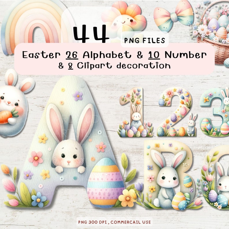 Watercolor Easter Alphabet , Numbers Clipart Set, Watercolor Bunny ...
