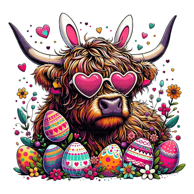 Easter Day Highland Cow PNG, Retro Easter Png, Easter Bunny Png, Clover ...