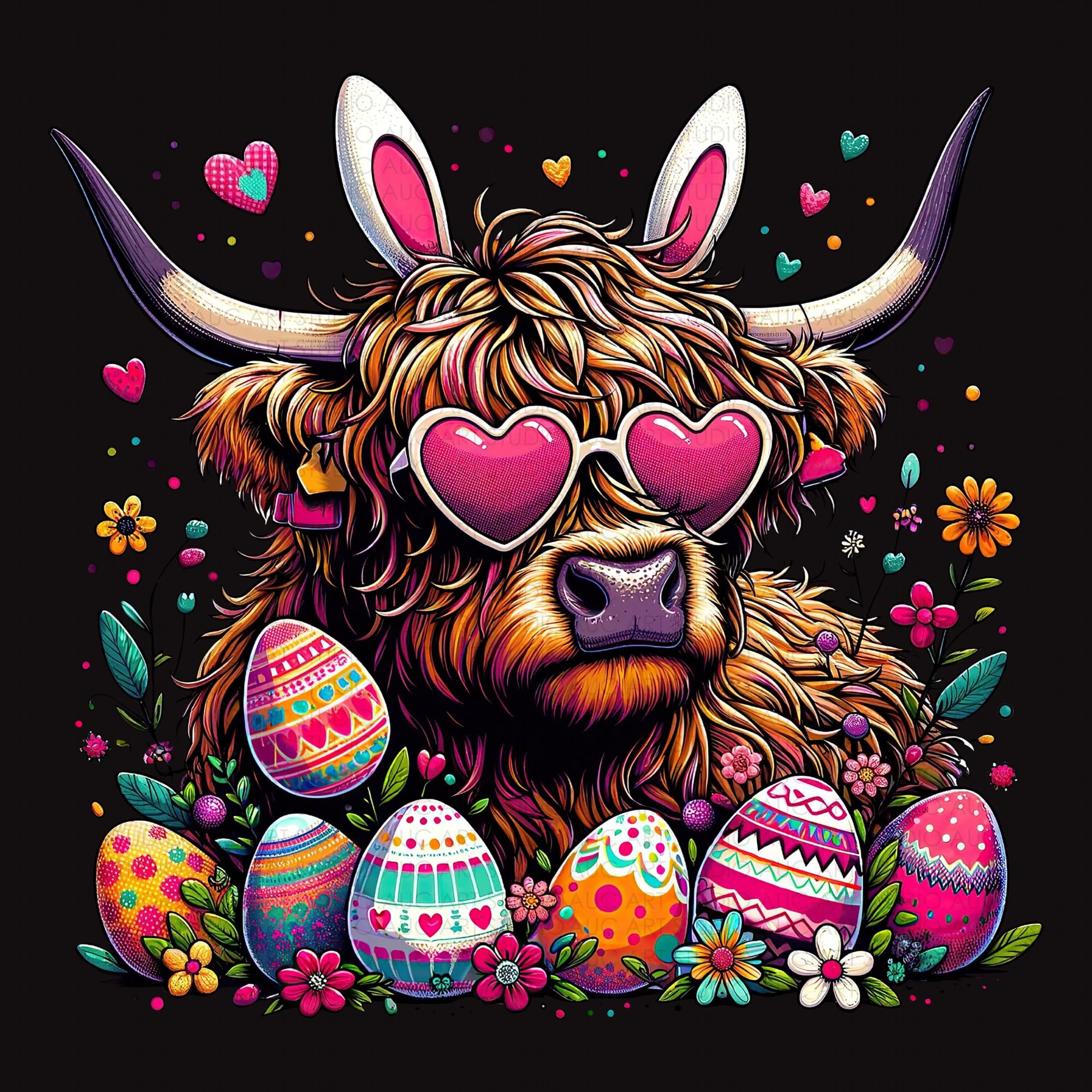 Easter Day Highland Cow PNG, Retro Easter Png, Easter Bunny Png, Clover ...